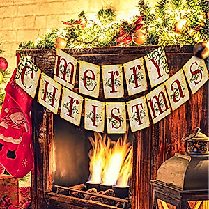 Merry Christmas Banner, Vintage Xmas Decorations Victorian Style Christmas Bunting Banner Christmas Tree Decorations for Home Christmas Party Fireplace Mantle Decor