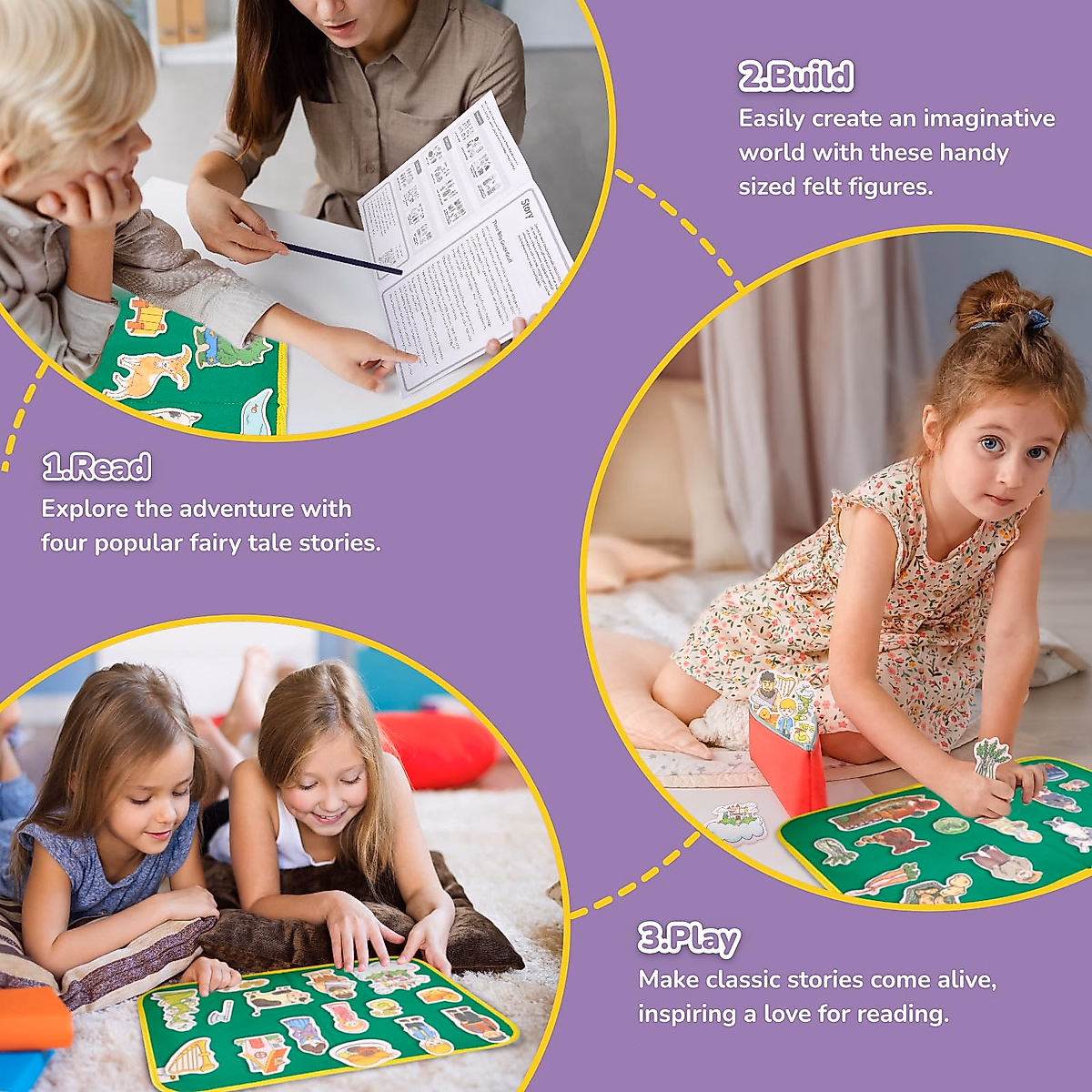 CHEFAN Felt/Flannel Board Story Set of 4, PRECUT Felt Pieces for Preschool Toddlers, Stone Soup, The Three Billy Goats Gruff, Jack and Beanstalk, The Boy Who Cried Wolf