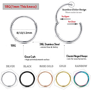 Jstyle 10Pcs 18G Stainless Steel Hinged Clicker Segment Nose Rings Hoop Helix Cartilage Daith Tragus Sleeper Earrings 8MM Improved