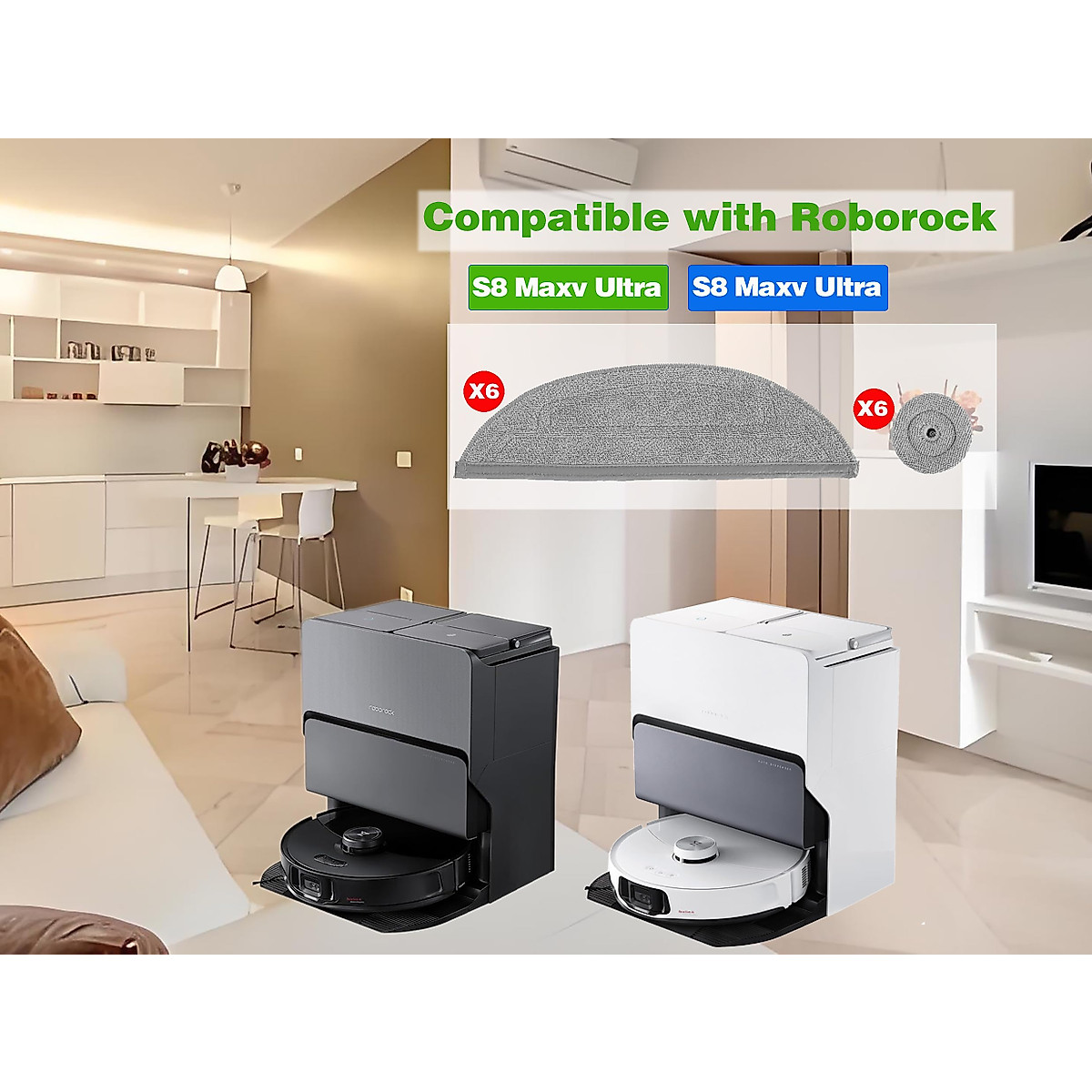 12 Pack Mop Pads Refills for Roborock S8 MaxV Ultra / S8 Max Ultra Robot Vacuum, 6 Pack Mop Cloth with Dual Sonic Vibrations Modules, 6 Pack Edge Mop Pads