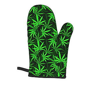 Oven Mitts and Pot Holders Sets Weed Leaf Print Oven Gloves Heat Resistant Potholders 4 Pcs Set Washable Non-Slip BBQ Gloves with Hanging Loop for Women Men Kitchen Baking Cooking Grilling