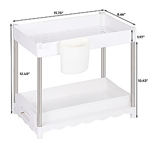HEOMU Under Sliding Cabinet Basket Organizer, 2 Tier Bathroom Basket Organizer Under Sink Shelf Basket for Kitchen(White)