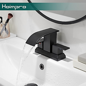 Hoimpro 3 Holes 4 Inch Bathroom Faucet, Waterfall Matte Black Bathroom Faucet Two Handles Centerset Bathroom Sink Faucet Vanity Sink Faucet with cUPC Supply Hoses and Pop Up Drain