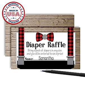 Amanda Creation Little Man Bow Tie Buffalo Plaid Suspenders Diaper Raffle Tickets for Boy Baby Showers, 20 2" X 3” Double Sided Inserts, Bring a Pack of Diapers to Win Favors & Prizes