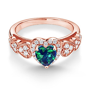 Gem Stone King 18K Rose Gold Plated Silver Ring Heart Shape Simulated Opal and Moissanite (0.93 Cttw) (Size 7)