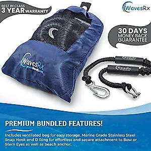 WavesRx 14'-50' AnchorMate Bungee Line | Safer Anchoring for Boats & Pontoons | Elastic Rope Extends to Absorb Wake Tugs and Keep Anchor from Dislocating | Includes Bag, Stainless Steel Hook & D Ring