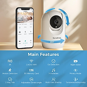 BondFree Baby Monitor with Camera and Audio, 2K Smart Baby Monitor with App,Temperature& Humidity,2-Way Talk,Night Vision,14 Lullabies,Cry & Motion Detection,4X Zoom-2.4Ghz WiFi Baby Monitor