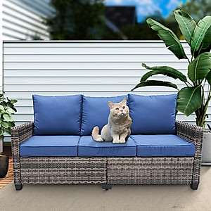 TARKARI All Weather Wicker Patio Couch, 3 Seats Patio Sofa with High Curvy Back, Premium Outdoor Sofa with Brown Wicker and Thick Cushions for Garden, Backyard, Porch, Blue