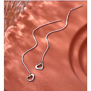 Reffeer Solid 925 Sterling Silver Love Heart Chain Dangle Earrings Tassel for Women Heart Dangle Earrings Threader Drops (A-Silver)