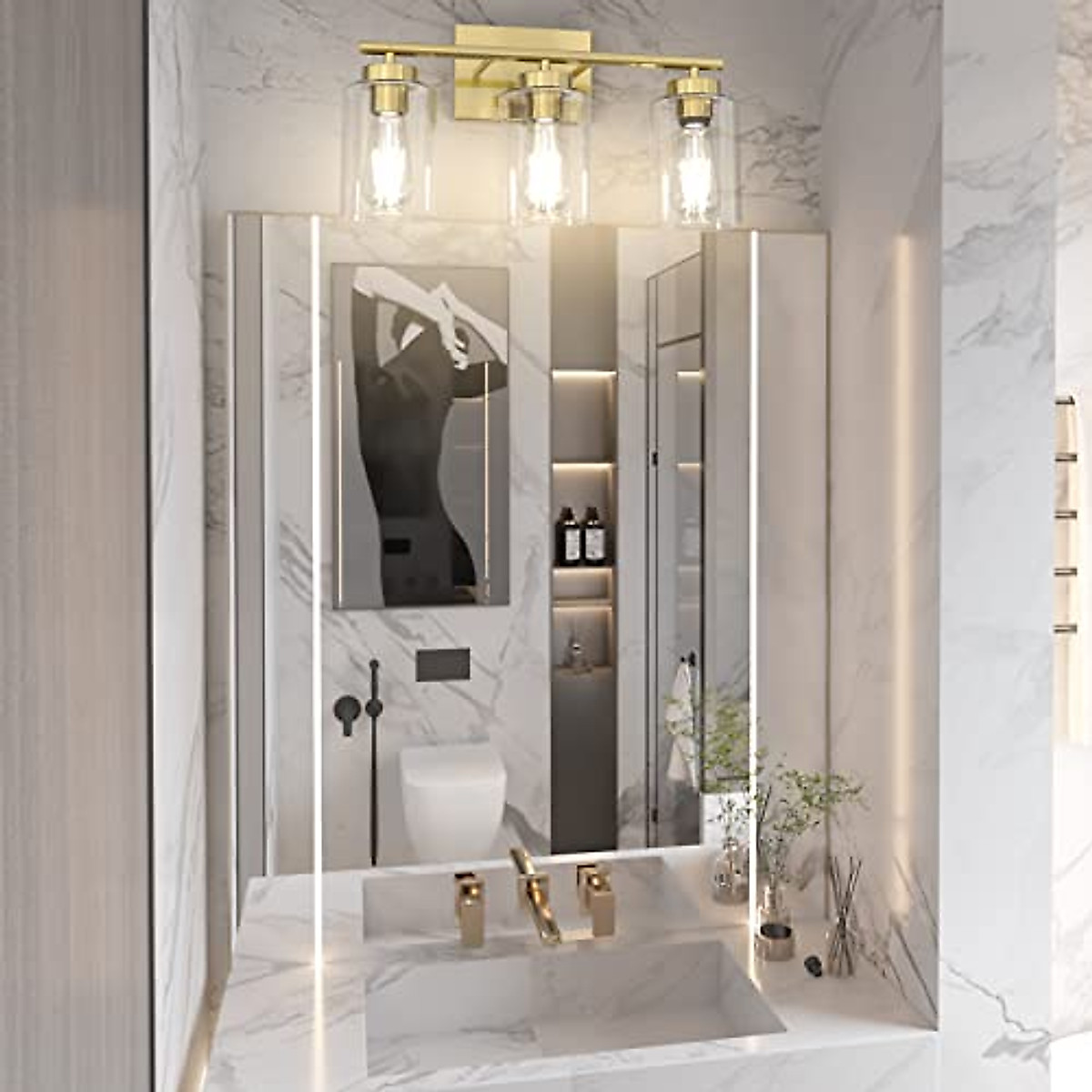Gold Bathroom Light Fixtures, Modern Bathroom Vanity Light with Clear Glass Shade, 3 Lights Brushed Brass Bath Wall Mount Lights, Gold Wall Sconce for Kitchen Bedroom Hallway Living Room Hallway