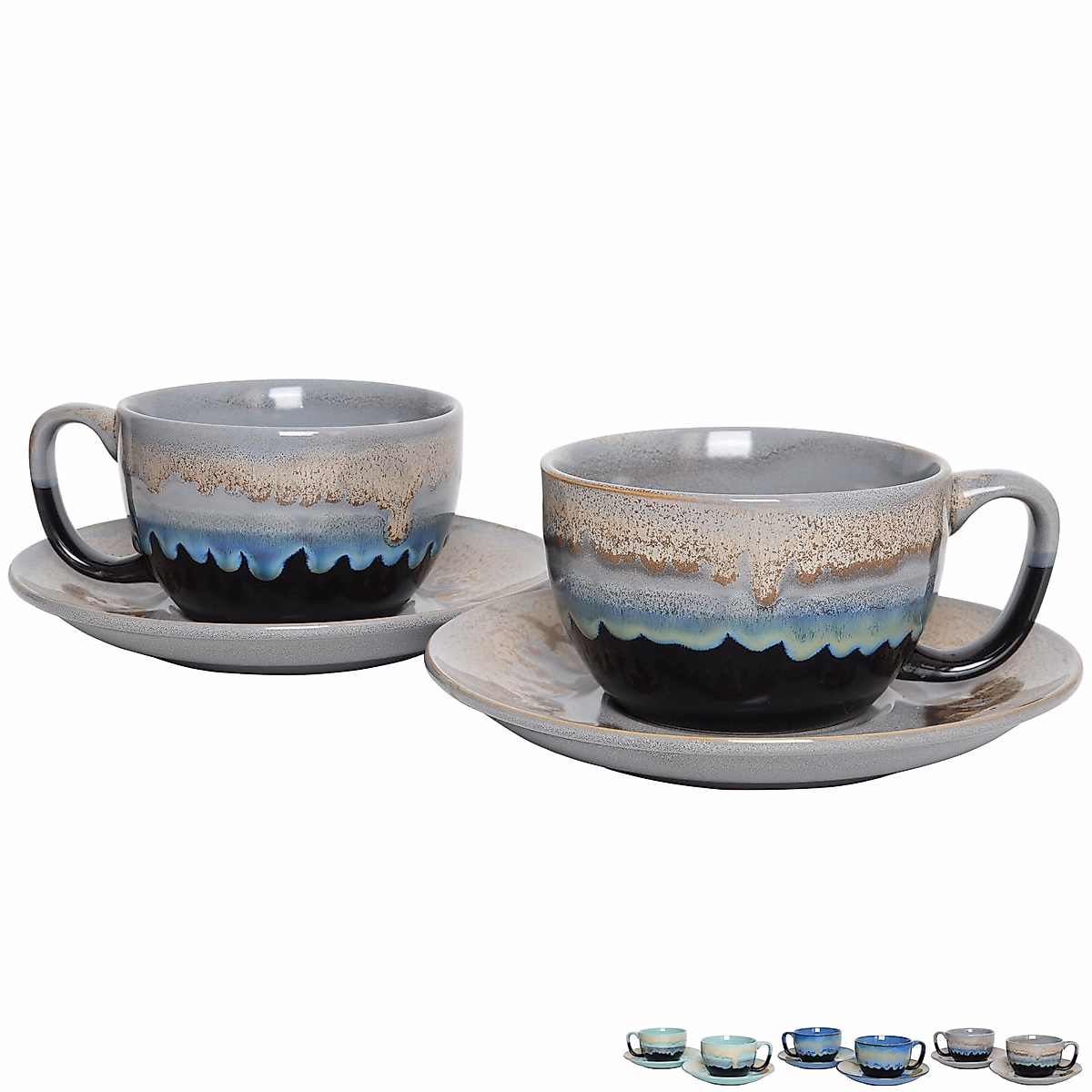Bosmarlin Ceramic Cappuccino Cup and Saucer Set of 2, 10 Oz, Dishwasher and Microwave Safe, Coffee Cups for Latte, Espresso, Tea, Reavtive Glaze (Grey, 10 oz)