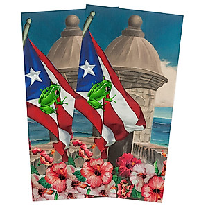 Kitchen Dish Towels 2 Pack-Super Absorbent Soft Microfiber,Puerto Rico Flag Frog Ocean Beach Cleaning Dishcloth Hand Towels Tea Towels for Kitchen Bathroom Bar