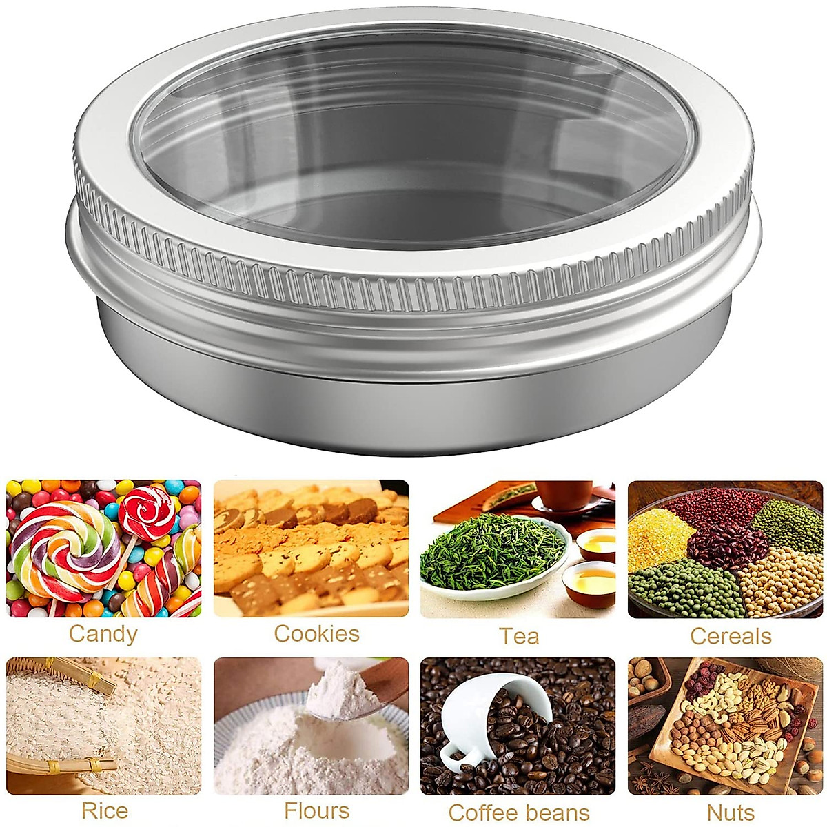 12 Pcs 4 Ounce aluminum Tins Jars Containers Round Clear Top Screw Lids Containers for Cosmetic, Salves, Balms, Lip Balm, Spices or Others, Silver