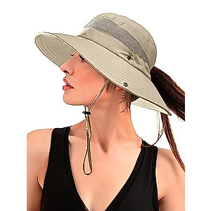 Sun Hat with Two Ponytail Hole for Women, Womens UV Protection Wide Brim Foldable Waterproof Beach Bucket Fishing Safari Hat