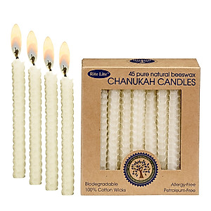 Rite Lite Judaica Hand Rolled Honeycomb Beeswax Hanukkah Candles, 45 Count Chanukah Menorah Gifts, Jewish Holiday Party Favors Candleholder (Natural)