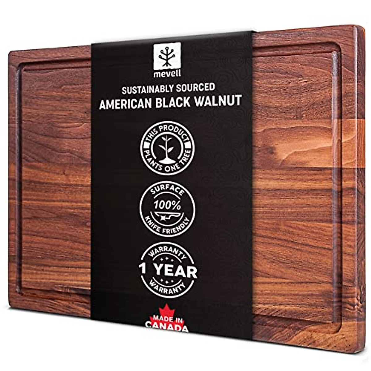 Mevell Walnut Wood Cutting Board for Kitchen, Reversible Wooden Chopping Board With Juice Grooves, Made in Canada (Walnut, 17x11x0.75)