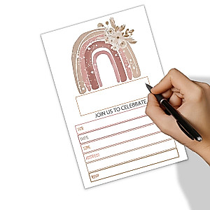 Rainbow Birthday Party Invitations,Boho Brown Rainbow Party Invites Cards, For Girls Boys Birthday Party Decoration, party Supplies (20 Invites + Envelopes)