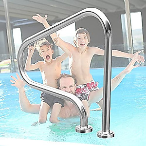 Antourlamm Swimming Pool Handrail for Inground Pool Entry, Silver Stainless Steel Safe Non-Slip Pool Railing, 3-Bend Pool Hand Grab Rail for Garden Backyard Water Parks