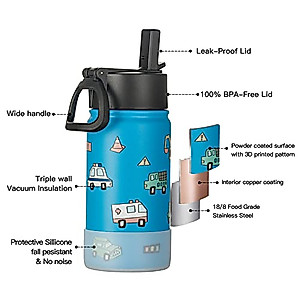 SEMOZOZO Water Bottle with Straw, Kids Water Bottle with Wide Rotating Handle Straw Lid, Wide Mouth Vacuum Insulated Stainless Steel Water Bottle for school ，The blue car