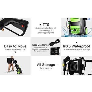 mrliance Electric Pressure Washer 1.8GPM Power Washer 1800W High Pressure Washer Cleaner Machine with 5 Interchangeable Nozzle & Hose Reel, Best for Cleaning Patio, Garden,Yard