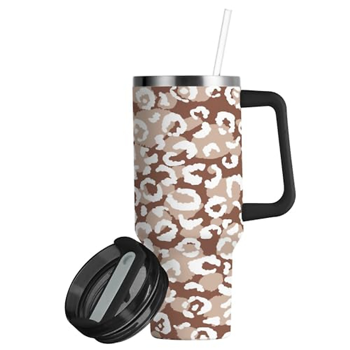 pnyoin White Abstract Modern Leopard Insulated Tumblers 30 oz Water Bottle Stainless Steel Tumbler Cups with Handle and Straw BPA-Free Travel Coffee Mug for Camping Office