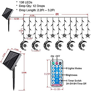 Janchs Solar String Lights Outdoor Ramadan Eid Decorations, 8 Modes Waterproof 138LED Solar Powered Star Moon Curtain Lights Window Fairy Lights for Backyard Garden Patio Home Christmas Ramadan Decor