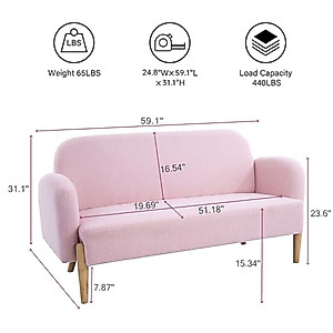 PIETFIU (New) 59" Teddy Velvet Loveseat Sofa,Modern Small Sofa Couch with Arms,Mini Love Seat Recliner with 3 Pillows for Bedroom Living Room Small Space Apartment Home Office Dorm (Pink)