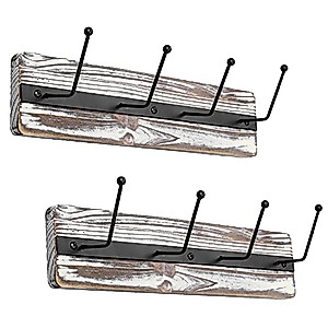 MyGift Wall Mounted Torched Solid Wood Coffee Mug Holder Rack with 4 Hooks, Wall Hanging Coffee Bar Mug and Cup Rack, Set of 2