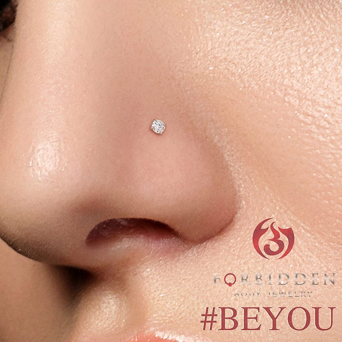 Forbidden Body Jewelry Set of 2 Straight Nose Studs: 20g Surgical Steel Round & Heart Shaped Clear CZ Crystal Nose Rings