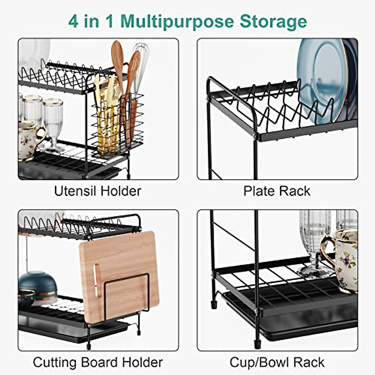 GSlife Dish Drying Rack for Kitchen 2 Tier Small Dish Rack with Drainboard Rust-Resistant Compact Dish Drainer with Utensil Holder Cutting Board Holder for Kitchen Counter, Black