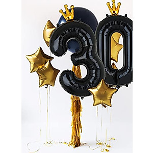 30 Balloon Number 40 Inch Black Number 30 Balloons Mylar Foil Helium Crown Number balloons Black Themed Graduation Anniversary Children's Day Party 30th Birthday Decor Supplies