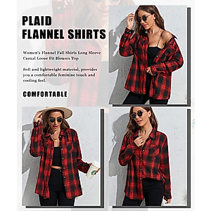 MARZXIN Plaid Flannel Shirt for Women Oversized Long Sleeve Button Down Shirts Casual Loose Blouse Tops Black Red Plaid L
