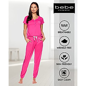 bebe Womens Pajama Set, Short Sleeve Shirt with Lace Jogger PJ Pants Lounge Sets for Women (Fuchsia, Medium)