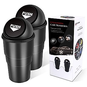 YIOVVOM Car Garbage Can with Lid, Leakproof Vehicle Automotive Cup Holder Car Trash Can, Small Trash Bin for Automotive Office Home Kitchen, Bedroom Set of 2 (Double Black, 1)