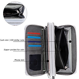 Women's Double Zipper Wallet Large with Removable Wristlet Clutch Cellphone Bag with Wristlet and ID Window(Blue morning glory)