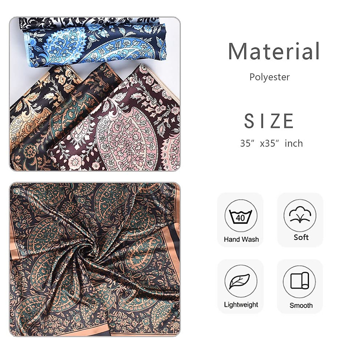 upeilxd 4Pcs Silk Head Scarves for Women Satin Hair Scarf 35”Large Square Bandana Silk Like Neck Scarf Shawl (Blue/Coffee/Beige/Black)