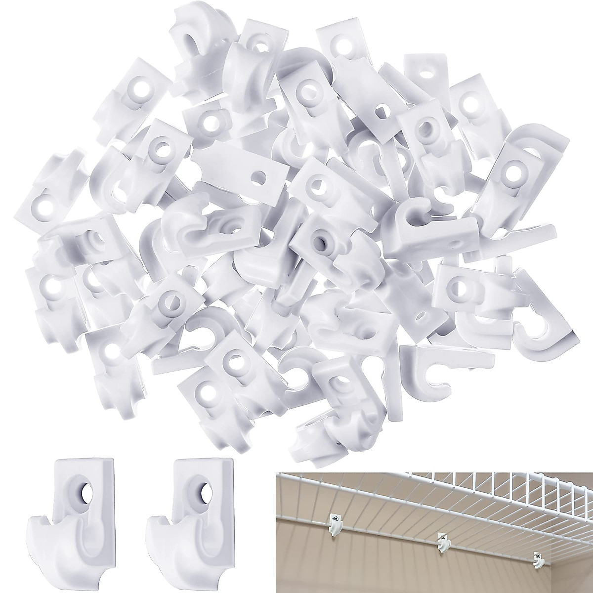 Wire Shelf Loop Clip Down Wall Clip Plastic Closet Shelves Clips Heavy Duty Shelf Bracket for Wire Shelving, Screws and Expansion Tube Not Included (White, 50 Pieces)
