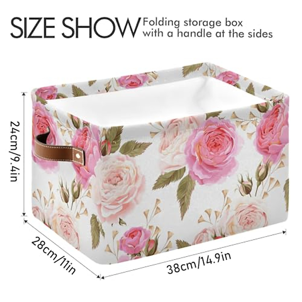 susiyo Large Foldable Storage Bin Floral Pink Roses Fabric Storage Baskets Collapsible Decorative Baskets Organizing Basket Bin with PU Handles for Shelves Home Closet Bedroom Living Room-1Pack