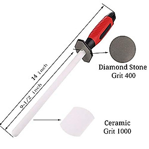 14 inch Sharpening Rod/Sharpening Bar, 2 in 1 Diamomd/Ceramic (Grit 400/1000) Knife Sharpener for Coarse/Fine Honing