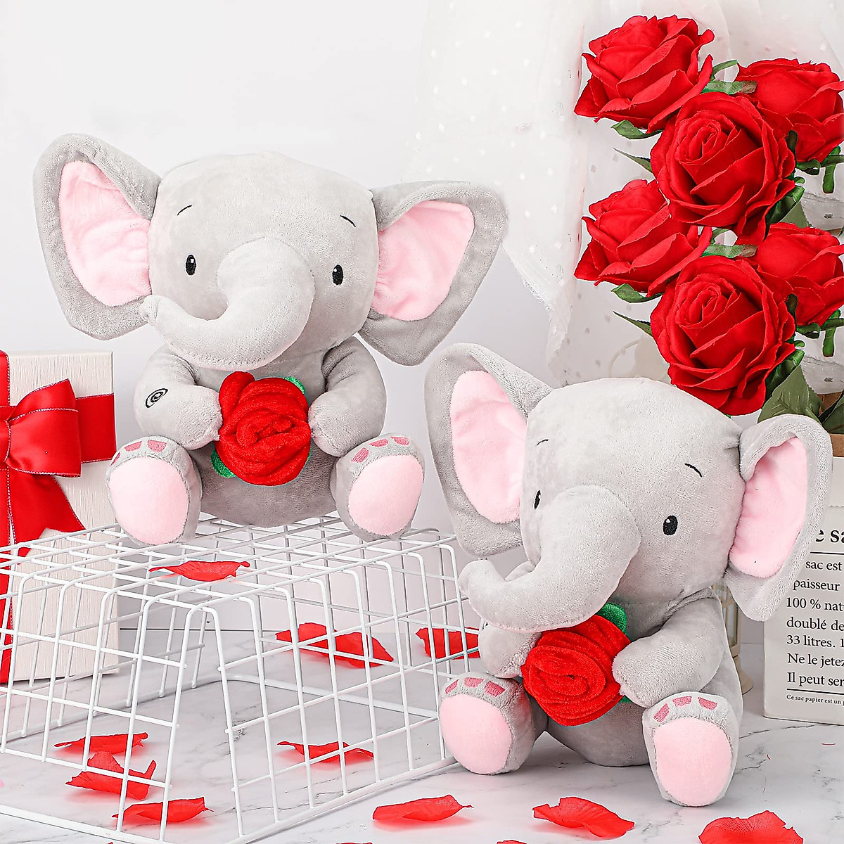 2 Pcs Elephant Stuffed Animal with Rose Soft Plush Elephant Animal Toy for Valentines Day Gifts Women Men Girl Boy Baby Shower Birthday Party Favors, 8 Inches