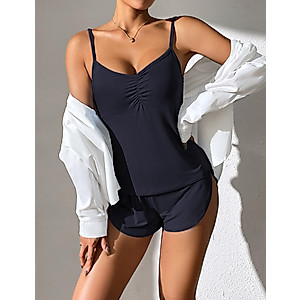 Ekouaer Women Pajamas Set Cami Sleepwear Lingerie V Neck Soft PJS Set with Shorts Navy Blue, Small