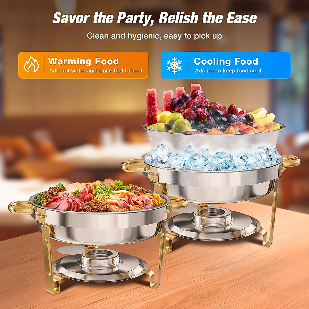 WARMOUNTS Gold Chafing Dishes for Buffet, 5QT Round Chafing Dish Buffet Set w/Glass Lid & Lid Holder, Thickened Stainless Steel Chafers and Buffet Warmers Sets for Weddings, Events, Banquet (2)