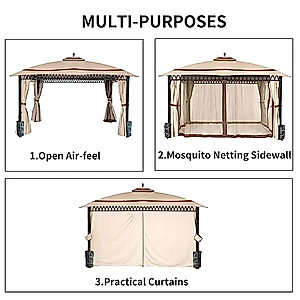 CHARMELEON 11x13 Gazebo for Patio, Gazebo with Curtains & Netting & Sandbags, Double Tier Roof with Herringbone Beam Marquee Canopy for Garden, Deck, Backyard, Lawn (Khaki)