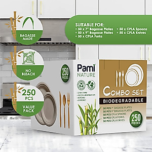 PAMI 250-Piece Eco-Friendly Disposable Dinnerware Set with Biodegradable Plates, Cutlery, Cups, Degradable Tableware for Parties and Events