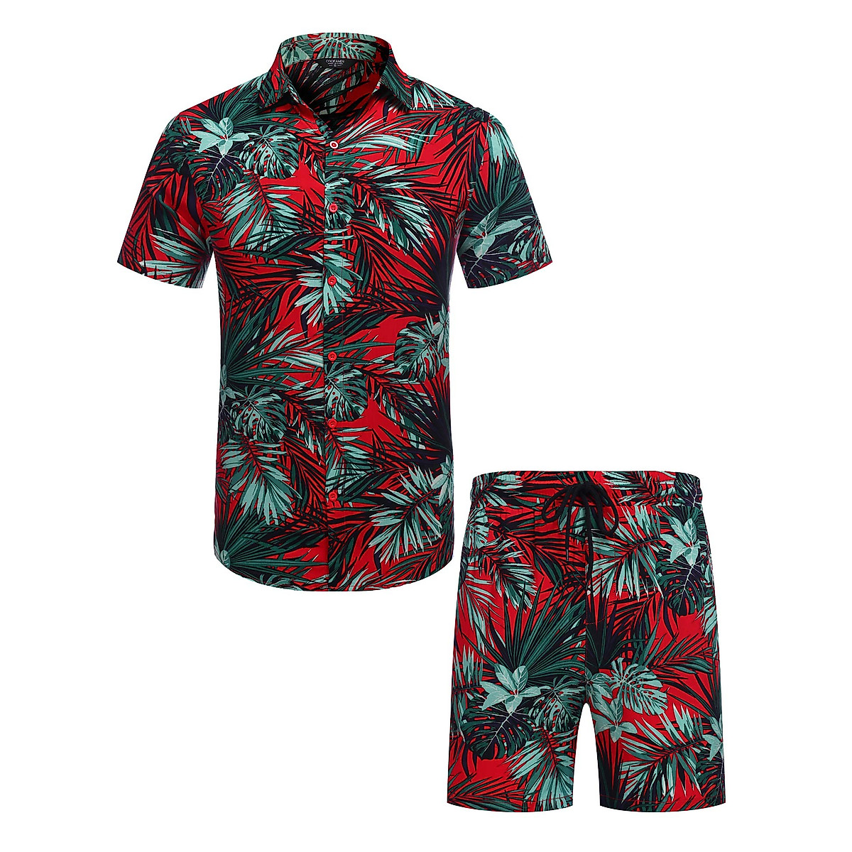 COOFANDY Men's Casual Floral Print Shirt Set Short Sleeve Tropical Leaves Shirt Summer Beach 2 Piece Short Set