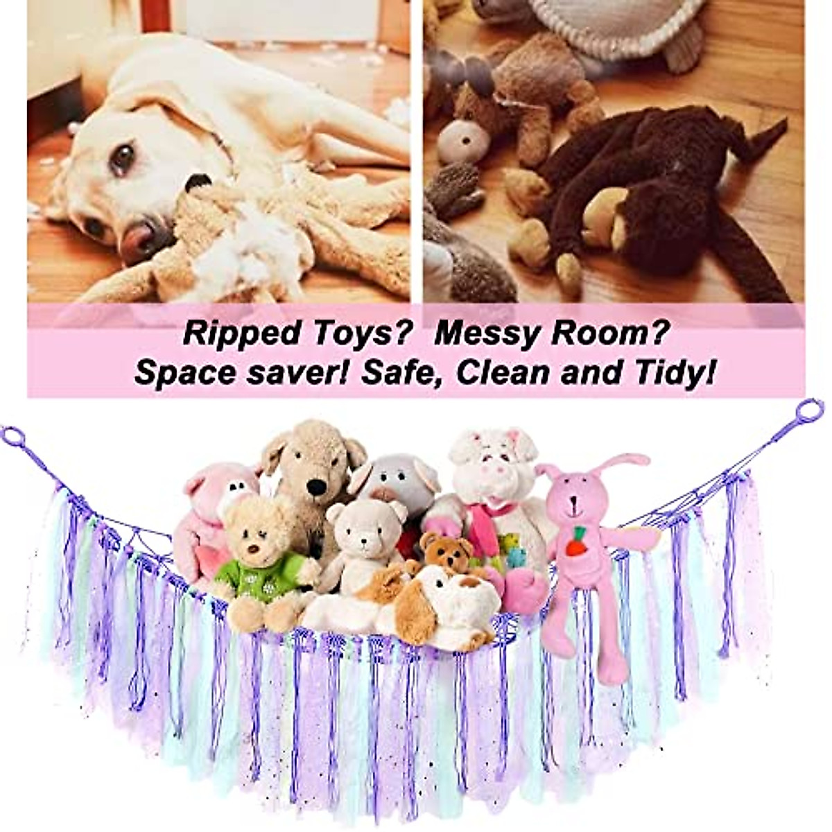 PlusRoc Stuffed Animal Storage Net Or Hammock With LED Star Light And Glow Stars, (Purple) Corner Toy Organizer Holder Bags For Kids Room Bedroom Wall Décor