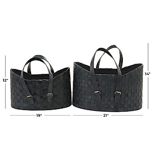 Deco 79 Leather Oval Storage Basket with Handles, Set of 2 21", 19"W, Dark Blue