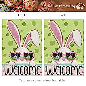 CROWNED BEAUTY Easter Bunny Garden Flag 12x18 Inch Double Sided for Outside Burlap Small Polka Dots Floral Welcome Yard Holiday Decoration