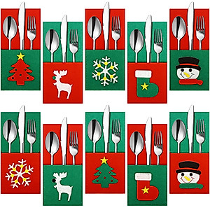 10 Pieces Christmas Silverware Holder Pocket Tableware Cutlery Organizers Felt Xmas Tree Snowman Reindeer Snowflake Stocking Knife Fork Flatware Bags Christmas Party Dinner Table Supplies