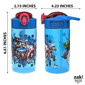 Zak Designs Kids Durable Plastic Spout Cover and Built-in Carrying Loop, Leak-Proof Water Design for Travel, (16oz, 2pc Set), Marvel Avengers
